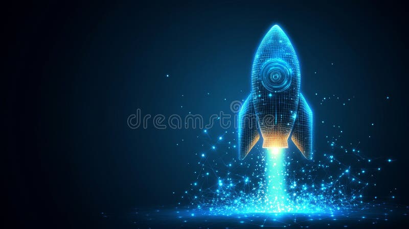 Digital Rocket Launch on Blue Technology Background, Abstract ...