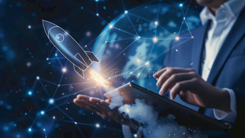 A Digital Rocket Launches from a Tablet in a Businessman S Hand Against ...