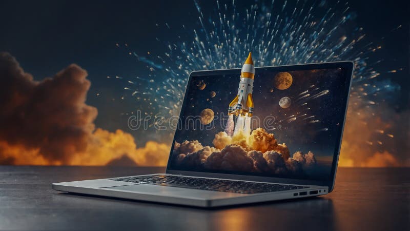 Rocket Launching from Laptop in a Futuristic Digital Scene Stock Photo ...