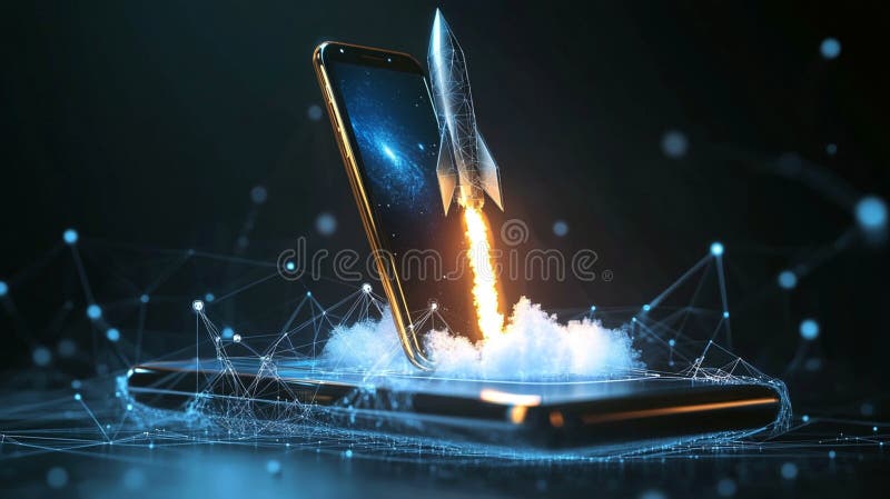 Digital Rocket Launching from Smartphone Screen Futuristic Technology ...