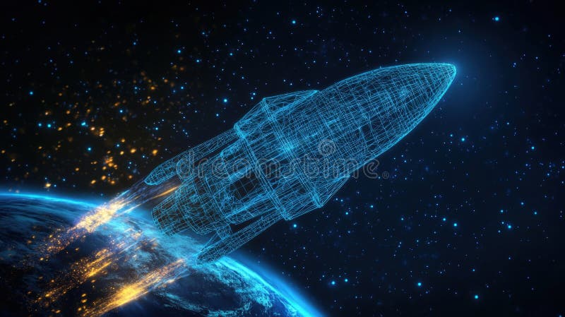 Digital Rocket Orbits Earth in Space. Wireframe Cosmos Stock Photo ...
