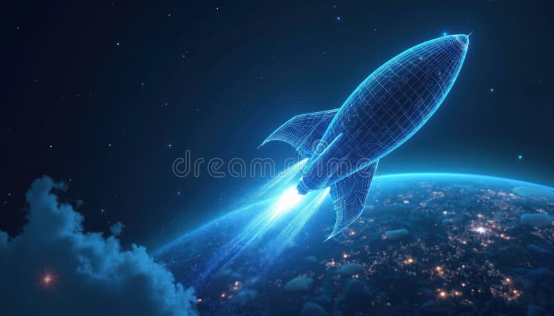 Digital Rocket Orbits Earth in Space. Wireframe Spaceship Illustration ...