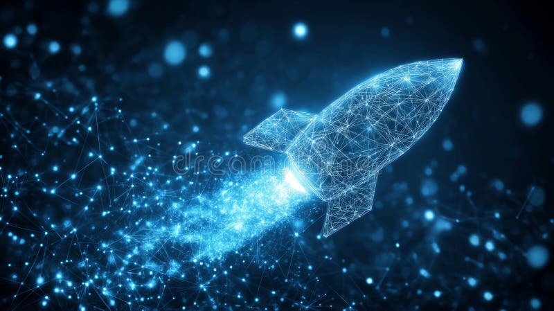 Digital Rocket Ship on Blue Technology Background. Abstract Exploration ...