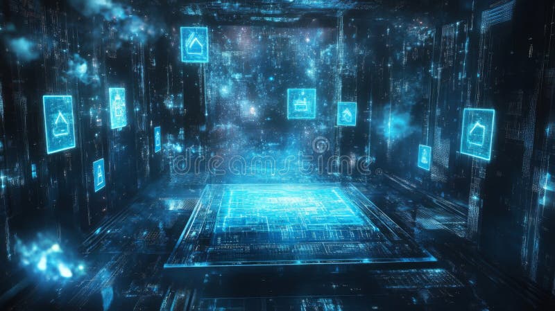 Digital Room with Glowing Blue Circuitry and Icons Stock Illustration ...