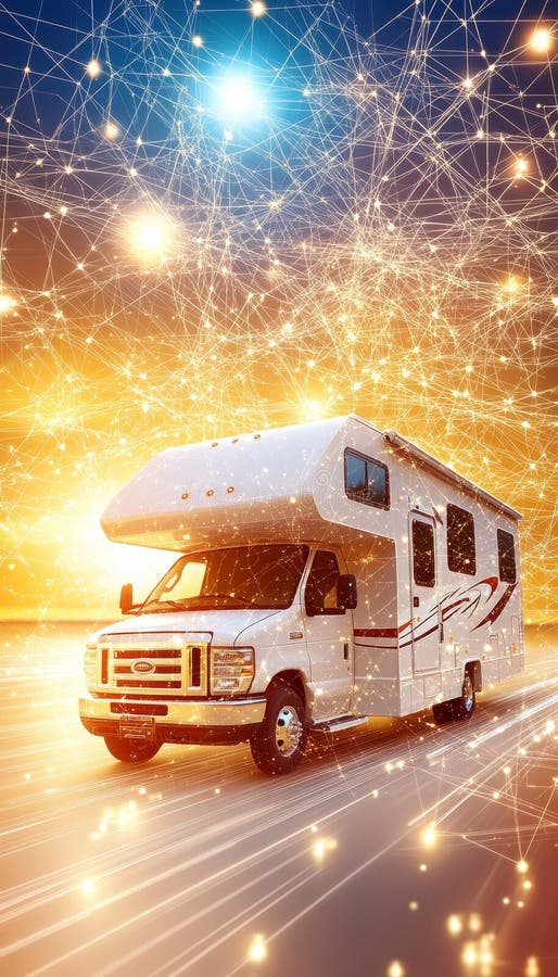 Digital RV on Abstract Technology Background Leisure Transport Icon in ...