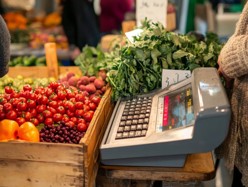 A Digital Scale at a Produce Stand with Fresh Produce Stock ...