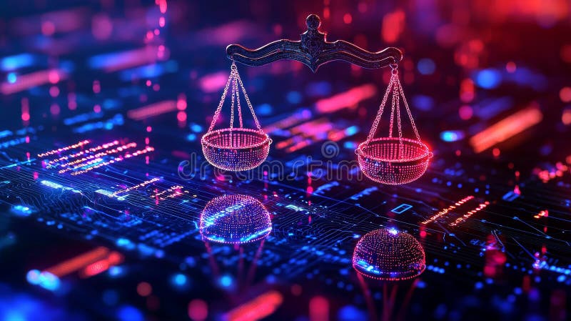 Digital Scales of Justice a 3D Render of a Scale Over a Neon Circuit ...
