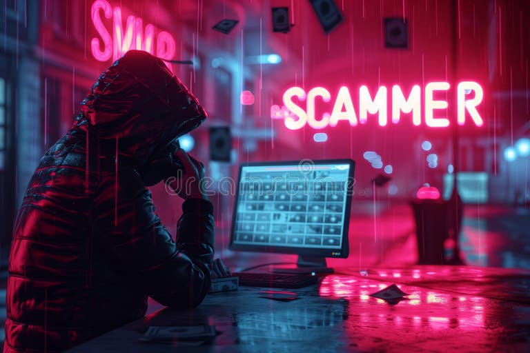 Digital Scammer Hacker with Computer and Mobile in the Shadows of the ...