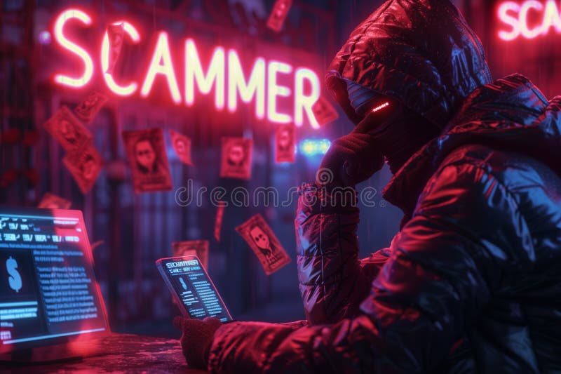 Digital Scammer Hacker with Computer and Mobile in the Shadows of the ...
