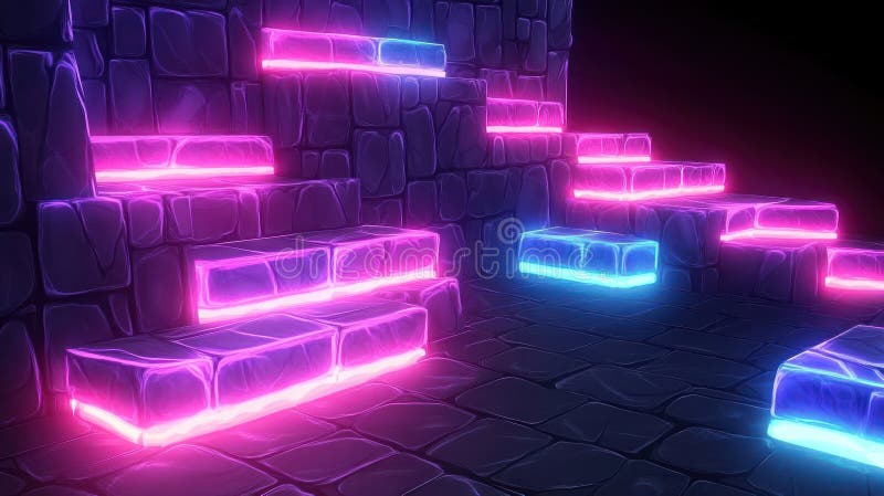 A Digital Scene Featuring Glowing Neon Stairs Against a Stone Wall ...
