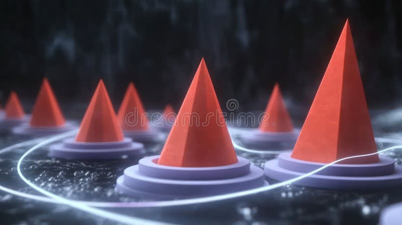 A Digital Scene Featuring Red Cones on Circular Bases with Glowing ...