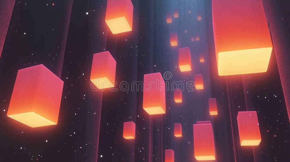 Glowing Cubic Lanterns Ascending in Dark Space: Abstract 3D Render ...