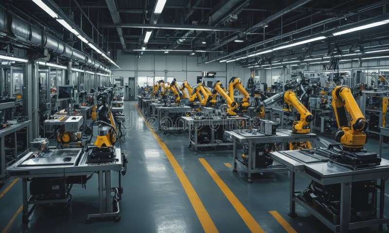 Factory with Robots Working on Machines Stock Illustration ...