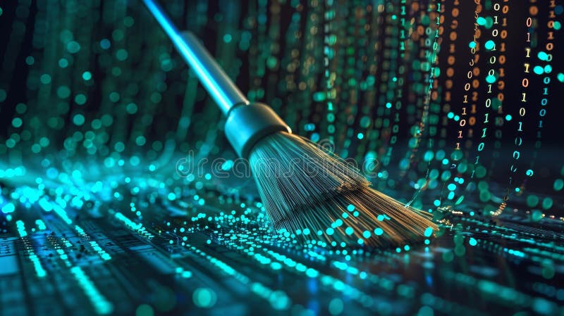 Digital Scene Illustrating a Broom Sweeping Falling Binary Code for ...