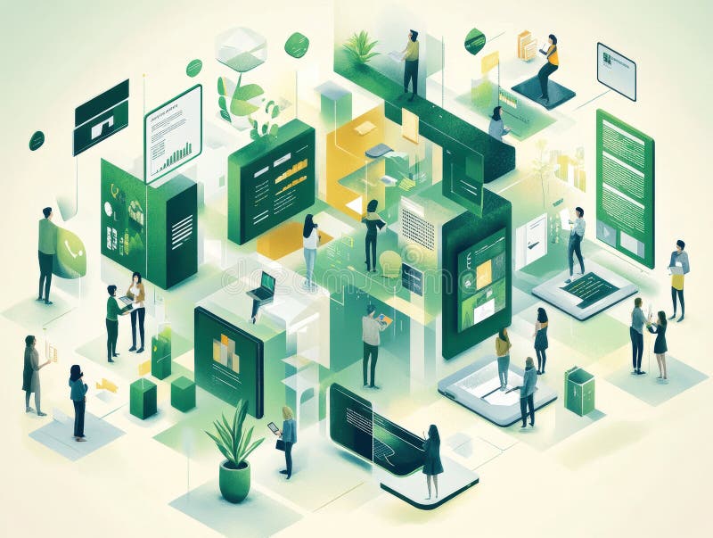 A Digital Scene Showcases Four Individuals Working on Various Tech ...