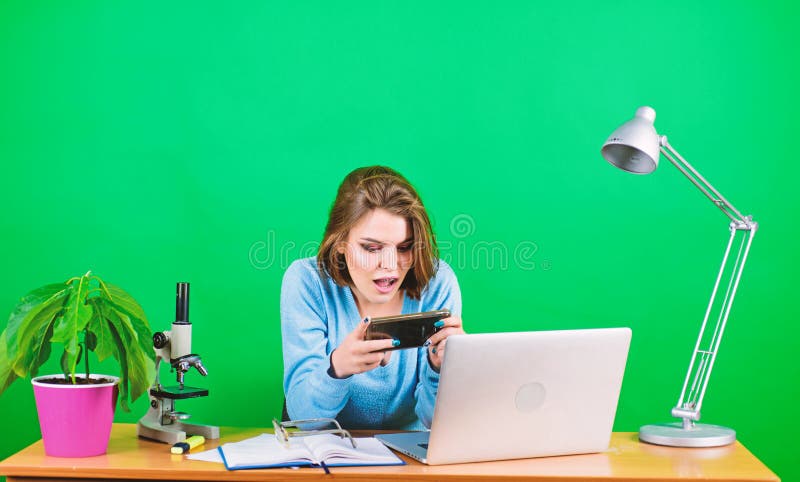 Digital Science. Businesswoman. Secretary Use Mobile Phone at Workplace ...