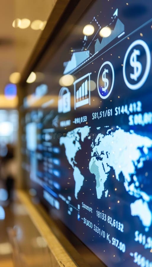 Digital Screen Displaying Economic Statistics and World Map in Office ...