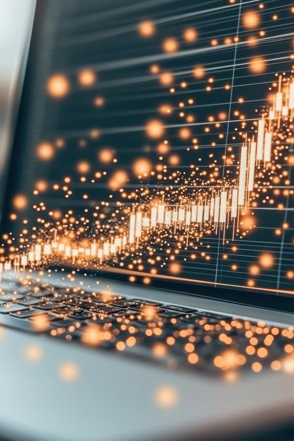 Digital Screen Displays Market Chart. Keyboard Reflects Glowing Data Stock Image - Image of ...