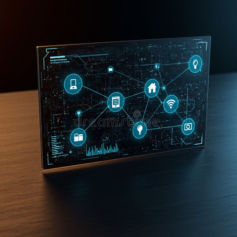 A Digital Screen Displays a Network Interface with Glowing Blue Icons ...