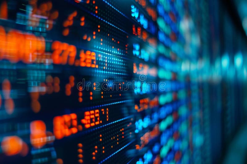 Digital Screen with Financial Data and Charts Against Blurred City ...