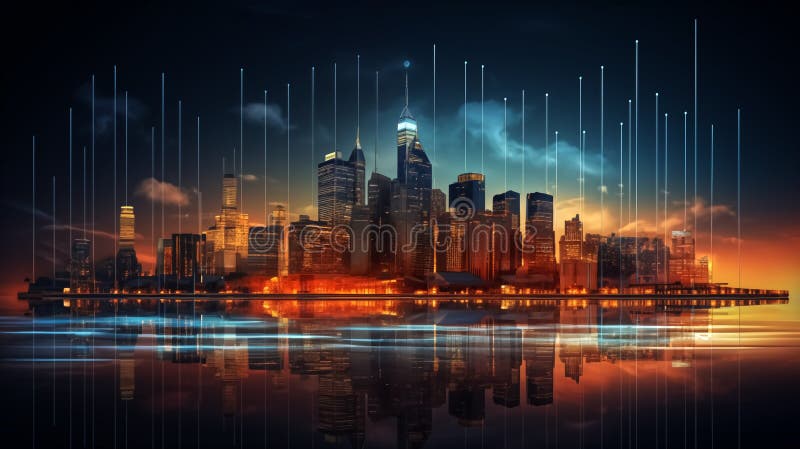 Digital Screen and Graph Overlap Modernistic Cityscape for Busin Stock ...