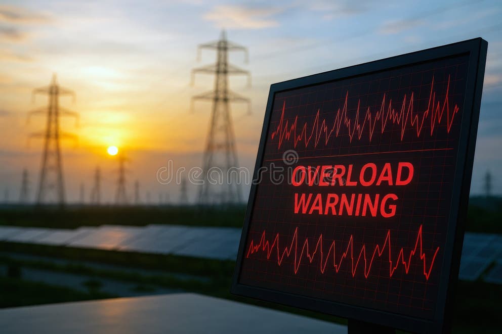 Digital Screen with Overload Warning in Front of Power Lines and Solar ...