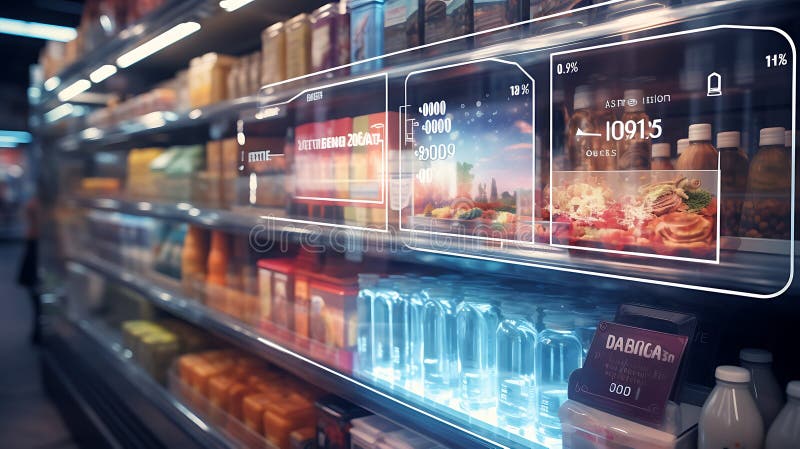 Digital Screen Panel in a Advanced Ai Technology Over Shelves in ...