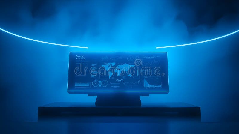 Futuristic Data Display with World Map, Blue Neon Lighting and Digital ...