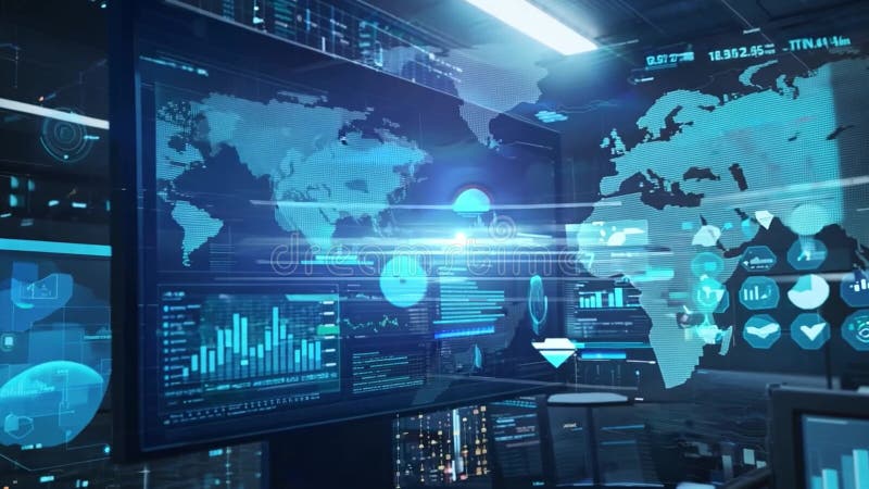 A Digital Screen Displaying Global Data Analytics and Metrics in a High-tech Workspace ...