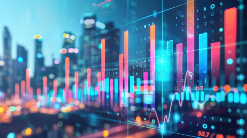 Digital Screen with Bar Graph, City Skyline, Analytics, Business Growth ...