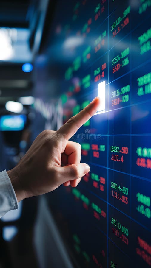 Stock Market Data on Screen, Hand Pointing, Dynamic Financial ...