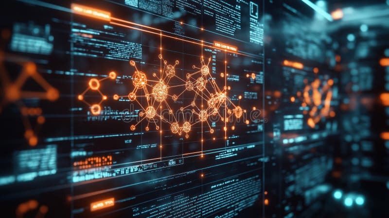 Digital Screens Display Complex Data Visualizations, Molecular Models. Advanced AI Algorithms ...