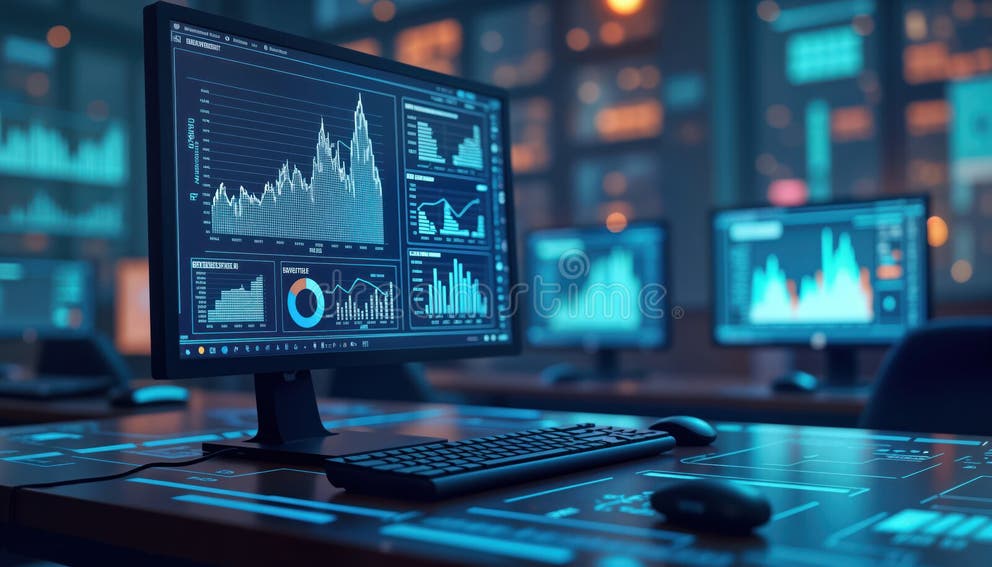 Digital Screens Display Graphs for Business Process Automation. Real ...