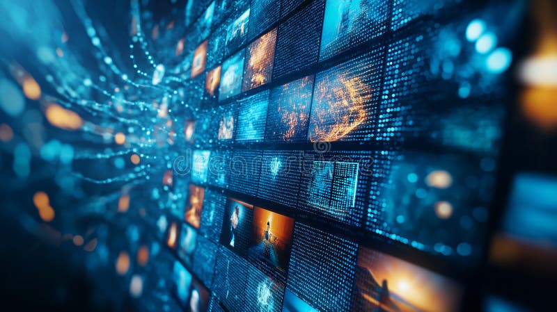 Digital Screens Display Various Images in Futuristic Setting Showcasing ...