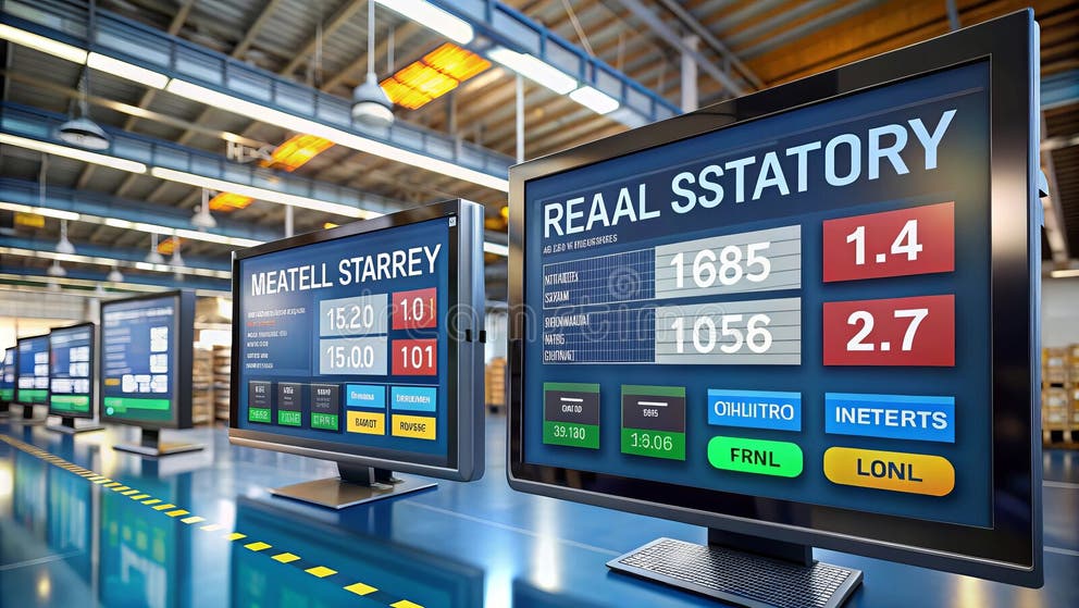 Digital Screens Displaying Inventory Status in Modern Warehouse ...