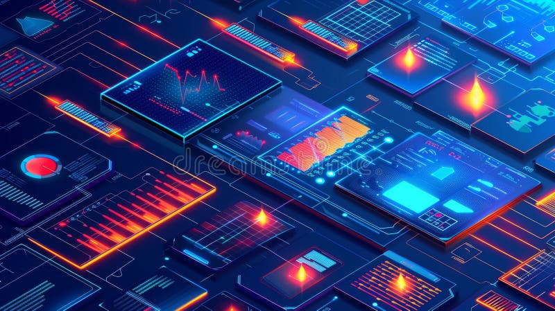 Digital Screens and Graphs on Tech Background Stock Image - Image of ...