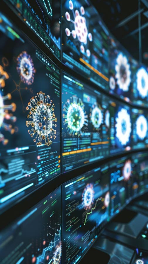 Digital Screens with Virus Analysis Data in a Control Room, Futuristic ...