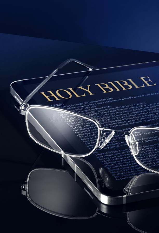 Digital Scripture on Tablet on Dark Blue Table Stock Photo - Image of ...