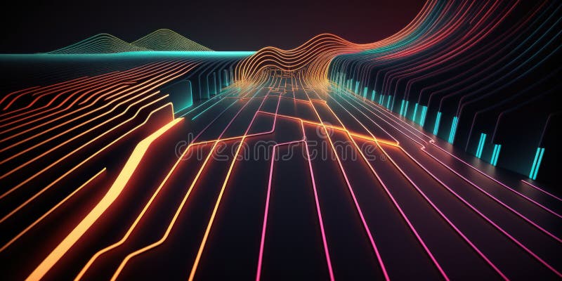 Digital Sea of Neon Lines in the Dark Digital Illustration Art Stock ...
