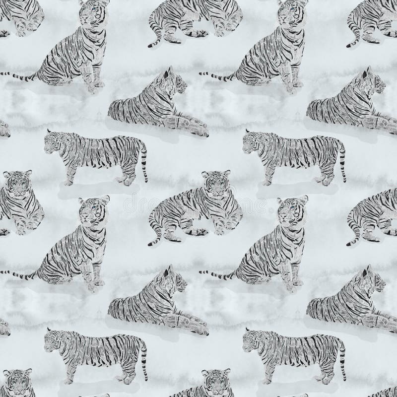 Digital Seamless Pattern of White Tigers with Texture of Watercolor Stains Stock Illustration ...