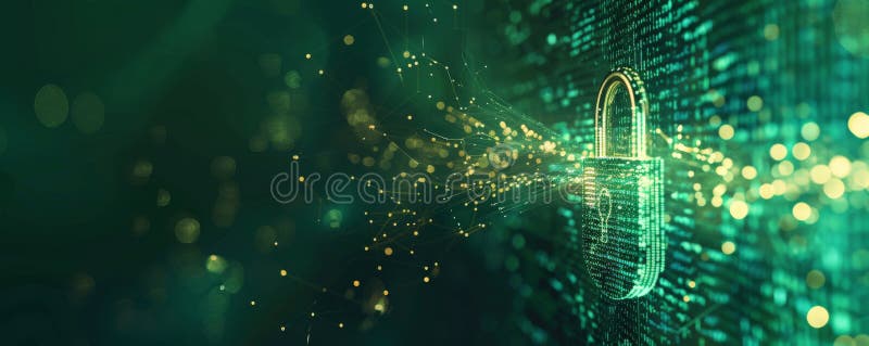 Digital Security Background with a 3D Padlock, Data Streams, and Matrix ...