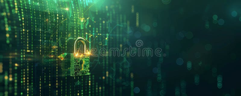 Digital Security Background with a 3D Padlock, Data Streams, and Matrix ...