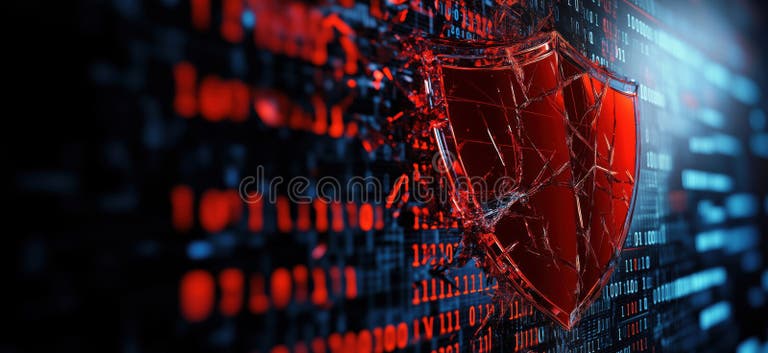 Digital Security Breach Concept with Shattered Red Shield on Binary ...
