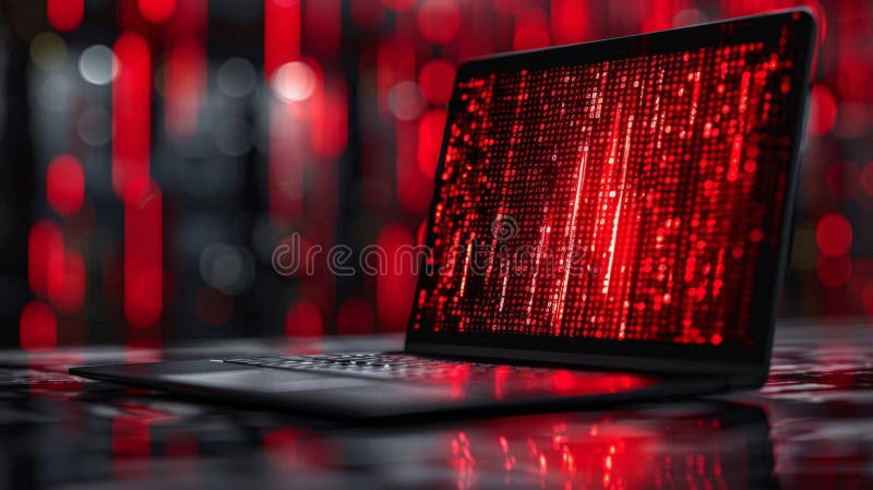Digital Security Breach Highlighted by a Red Data Stream on a Laptop ...