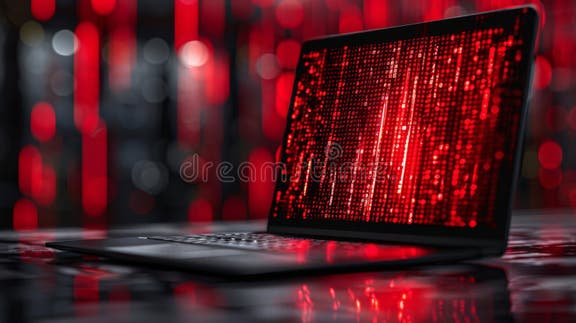 Digital Security Breach Highlighted by a Red Data Stream on a Laptop ...