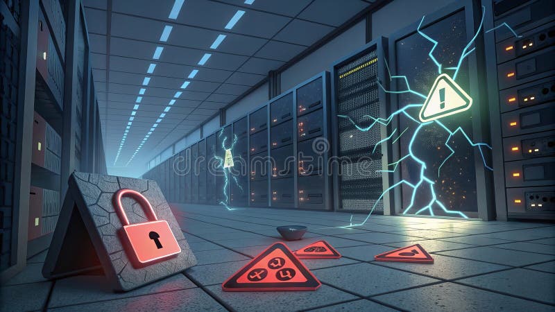 Digital Security Breach in Server Room with Warning Signs and Lock ...