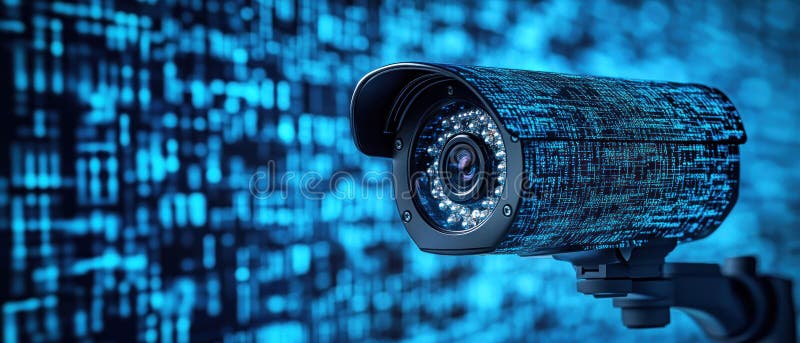 Digital Security Camera with Blue Data Background, Symbolizing ...