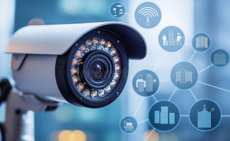 Digital Security Camera with Various Icons Representing Surveillance ...