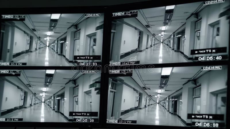 Security Camera Monitors Displaying Silent Corridor Interior, Revealing ...