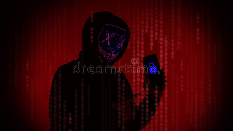 Digital Security Concept. Anonymous Hacker with Mask Holding Smartphone ...